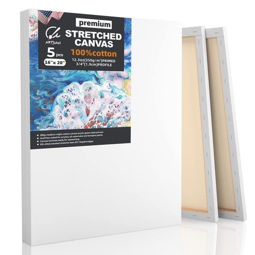 "Premium 16x20 Inch Stretched Canvas 5 Pack - 100% Cotton Triple Primed ...