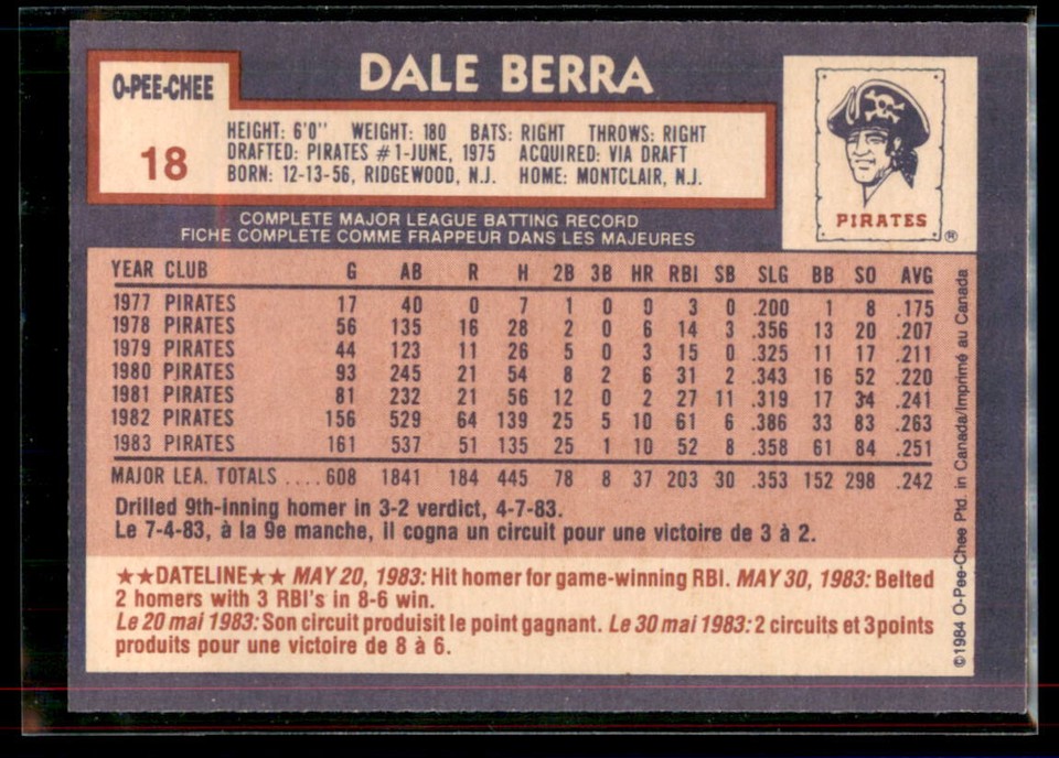 1984 O-Pee-Chee Dale Berra #18 Pittsburgh Pirates | eBay