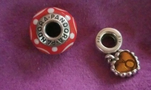 AUTHENTIC 2PC. Pandora ORANGE HTF DANGLE "CROWN" HEART W/ HEART BEAD W ...