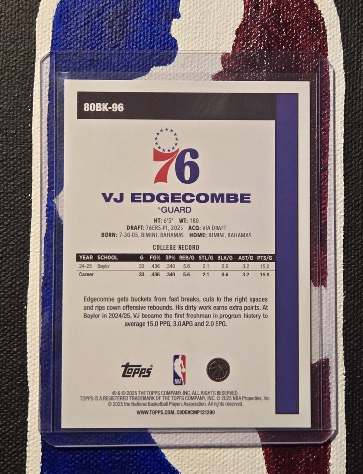 VJ Edgecombe RC- Pink Foil 45th Anniversary #80BK-96- 2025 Topps NBA ...