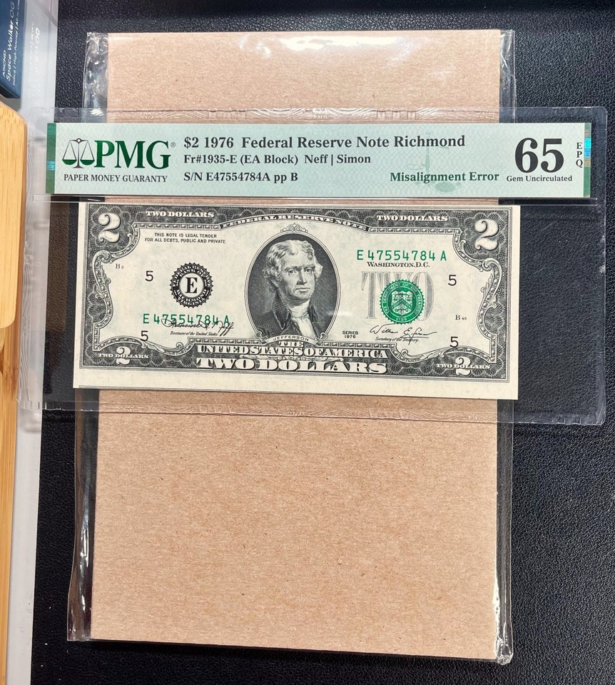 Fr. 1935-E 1976 $2 Federal Reserve Note RICHMOND "MISALIGNMENT ERROR ...
