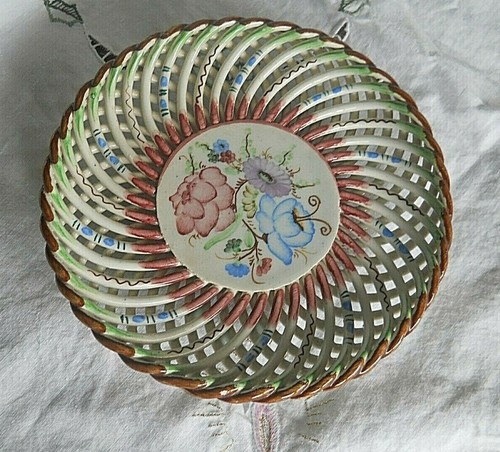 Vintage Ceramic Rope Weave Floral Dish / Plate Hand Painted w Stand ...