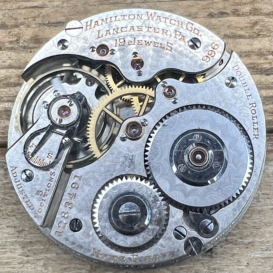 16s Hamilton Pocket Watch Movement - Grade 996 - 19 Jewels, Adjusted 5 ...