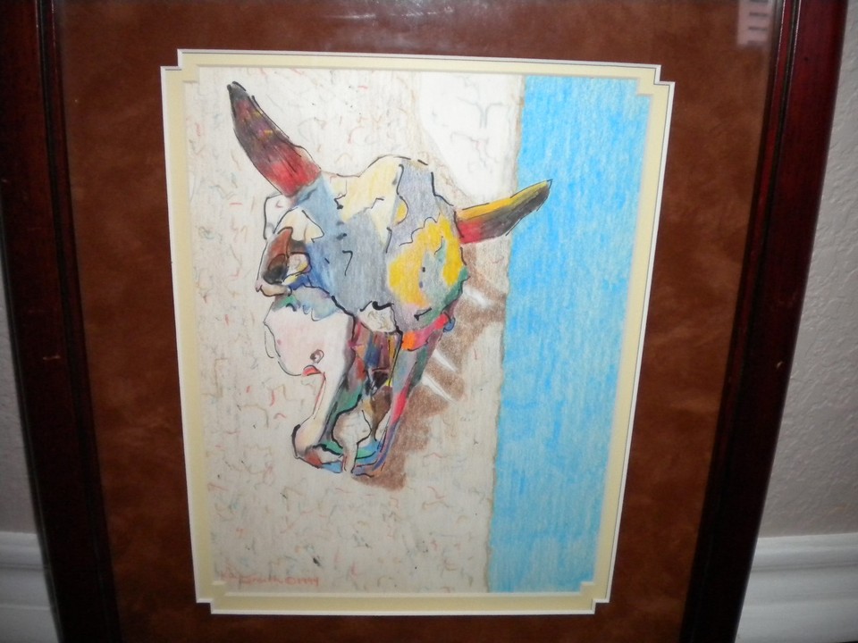Original Crayon On Paper Folk Painting Bull's Cow's Skull Framed Matted ...