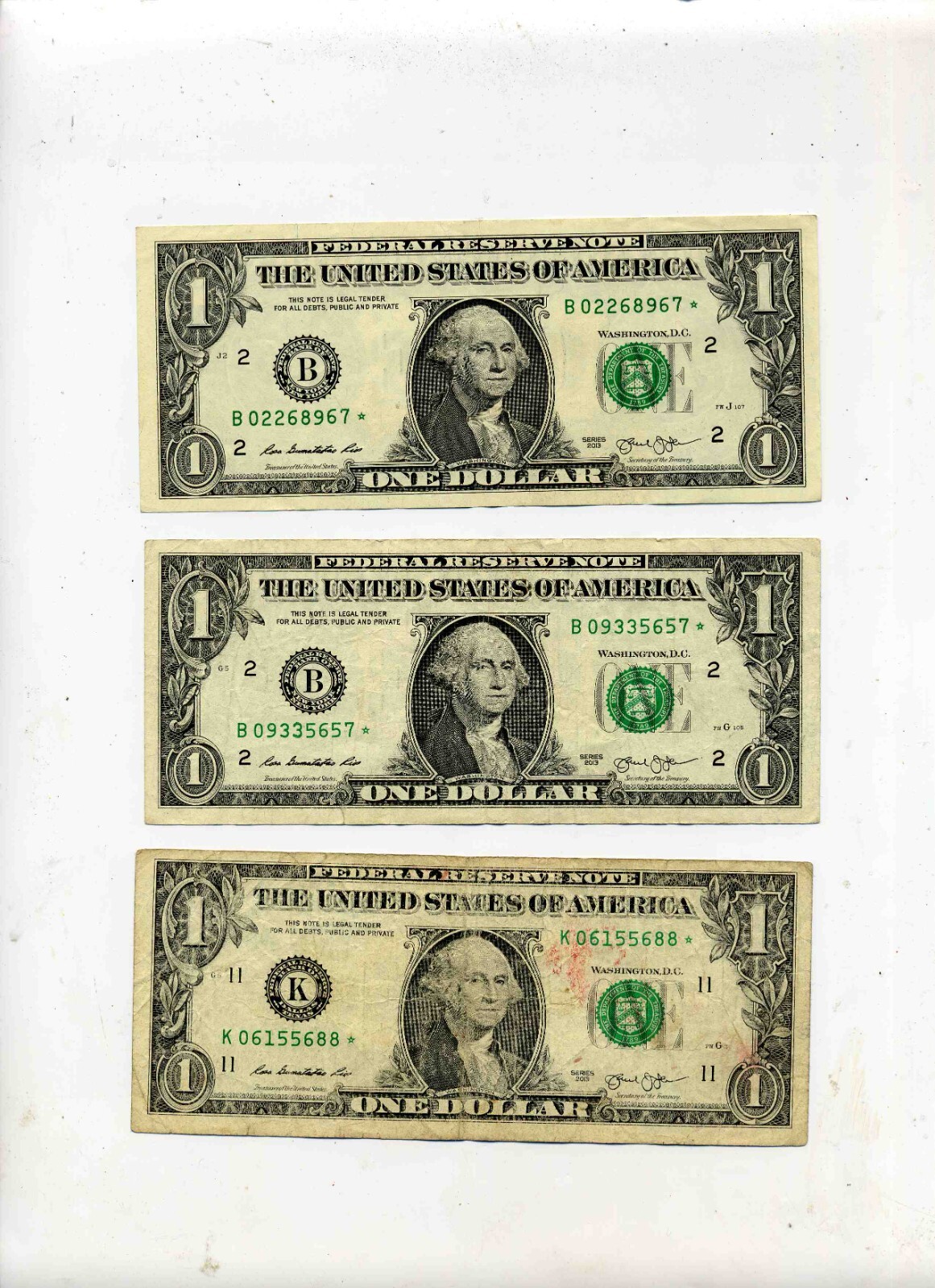 3 bills with 2013 B - Star Note Dollar - duplicates | eBay