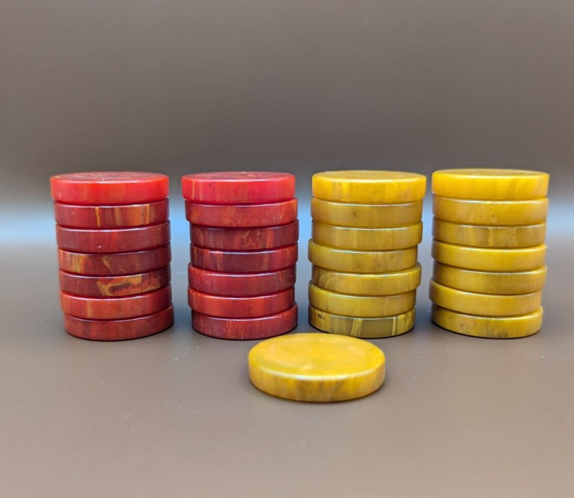 29pcs VTG Bakelite Backgammon Red Swirl yellow Butterscotch Tiles D31 ...
