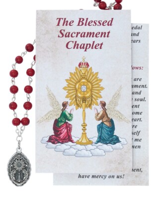 Red Glass Bead Silver Toned Blessed Sacrament Medal Chaplet With Card ...