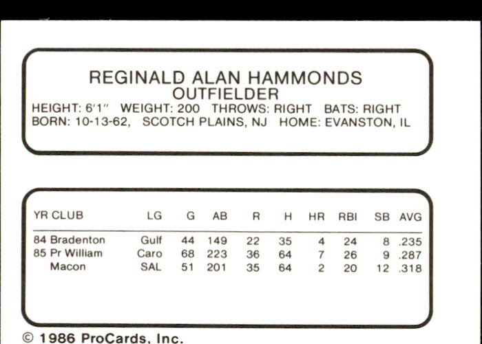 1986 Nashua Pirates ProCards #11 Reggie Hammonds Evanston Illinois ...
