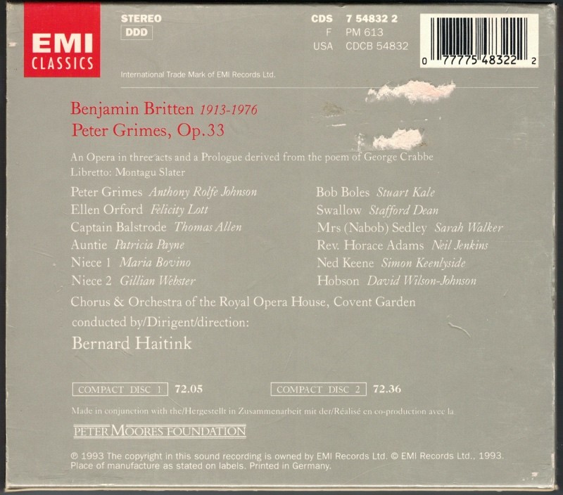 BRITTEN: PETER GRIMES Anthony Rolfe Johnson HAITINK 2CD Lott Walker ...