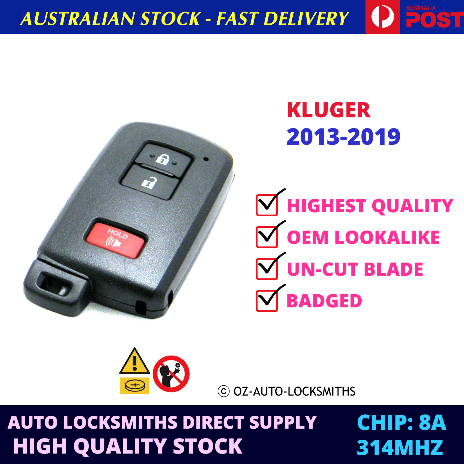 For Toyota Kluger Smart Key Remote 3 Button 2013 2014 2015 2016 2017 ...