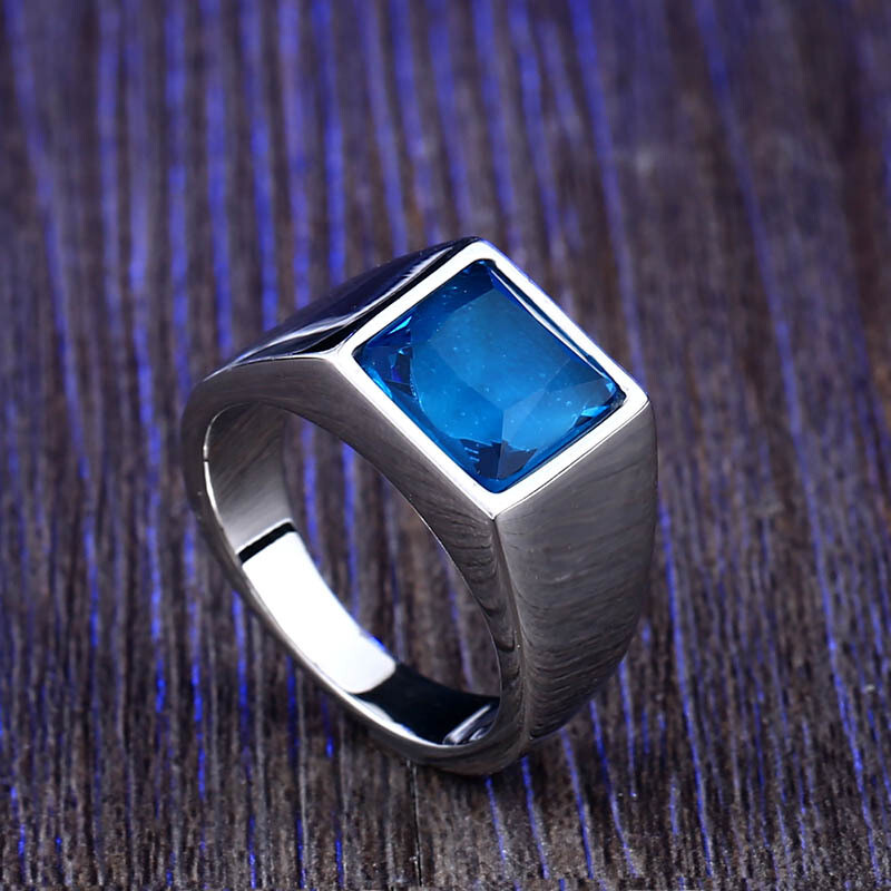 Men Women Wedding Ring Stainless Steel Square Sky Blue Zircon Polish ...