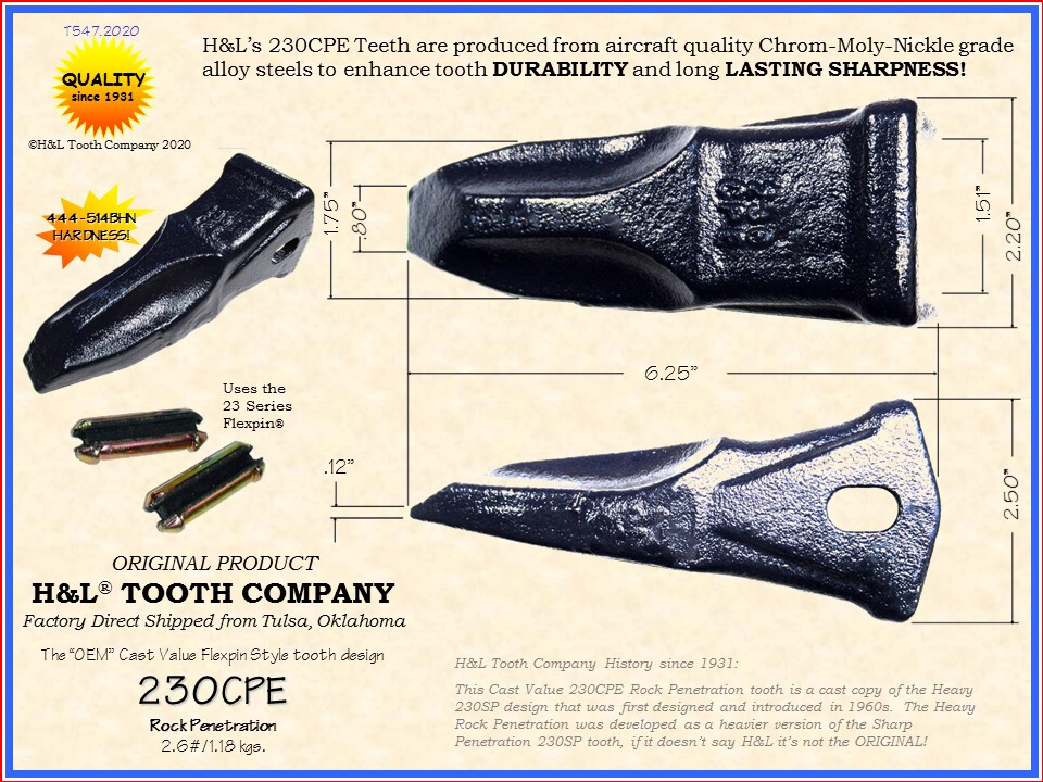 230CPE Rock Penetration H&L Tooth Co. Bucket Teeth (5 Pack)+ 23FP Flex ...