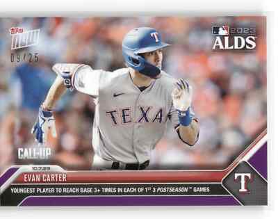 EVAN CARTER Rookie Card 2023 Topps Now #970 PURPLE 09/25 Call-Up ALDS ...