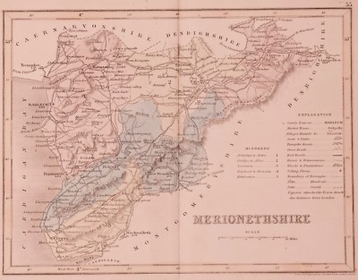 Antique Engraved Map of Merionethshire Wales C. 1854 by J. Archer ~9.5 ...