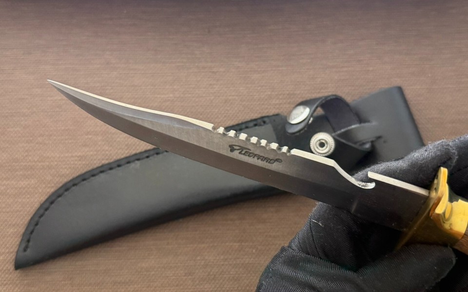 Vintage Dagger Knife Fixed Leopard Wood Handle Leather Sheath Hunting ...