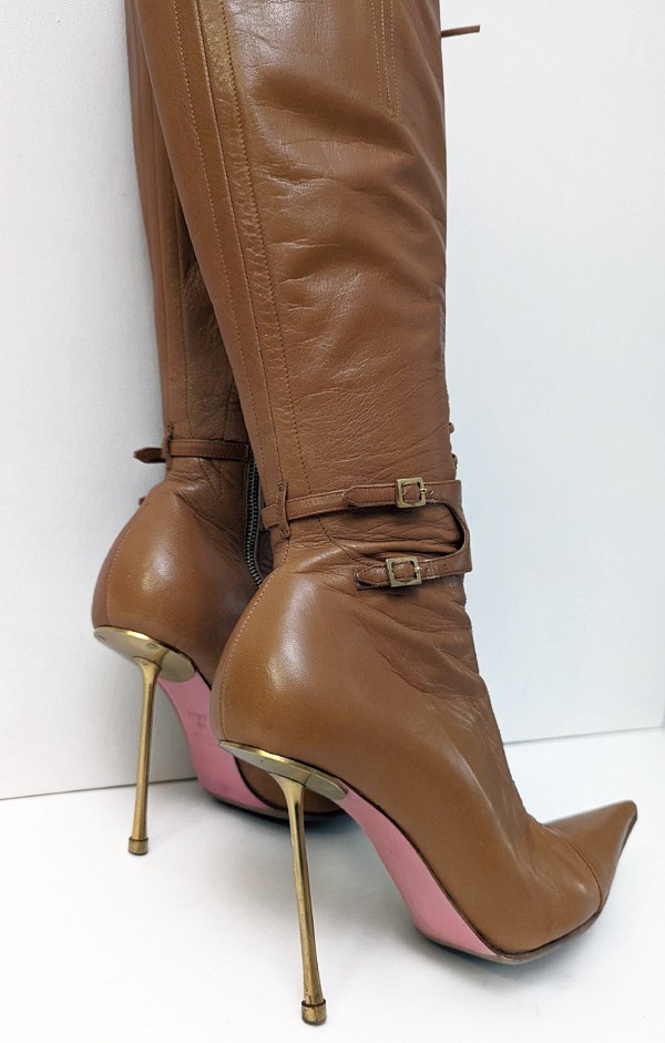Adriano DIAGI Steel Stiletto High Heels Tan Leather Pointy Toe Boots ...
