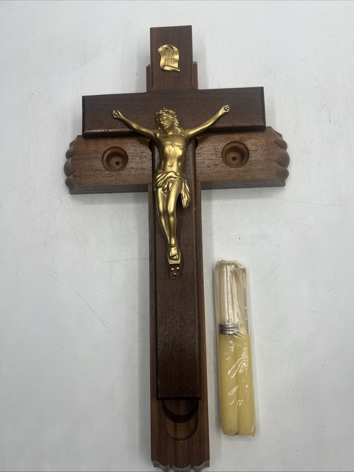 Vintage Catholic Wooden Crucifix Box Sick Call Last Rites Set Candles ...