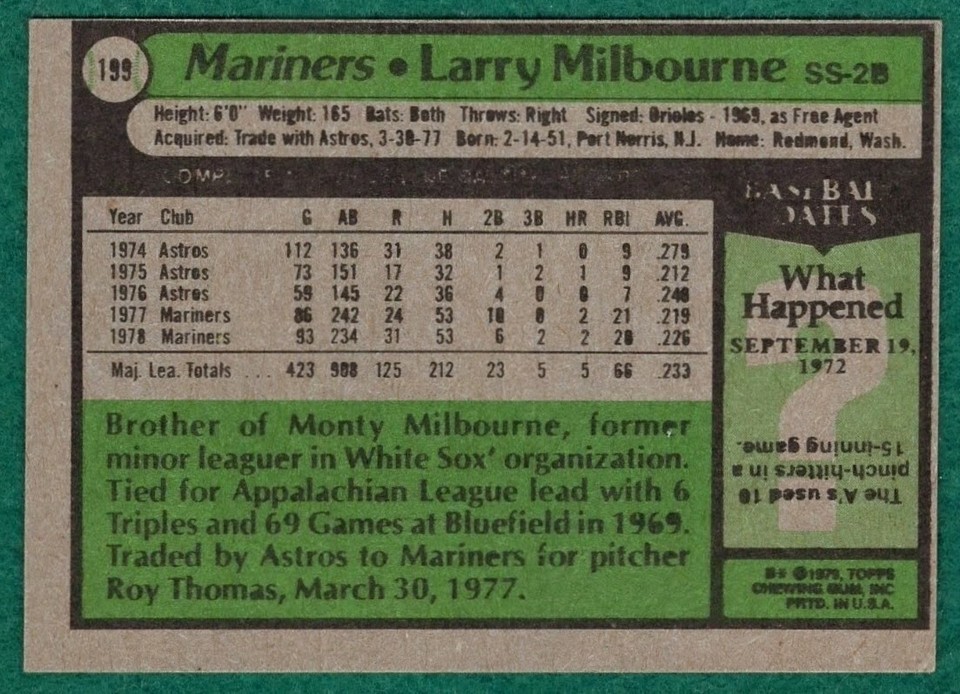 Larry Milbourne - 1979 Topps #199 - Seattle Mariners Baseball Card | eBay