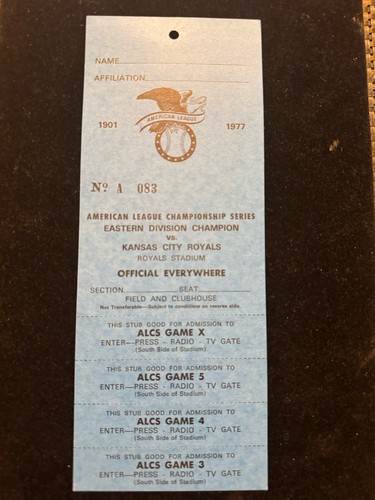 1977 ALCS Press Pass KC Royals vs NY Yankees OFFICIAL EVERYWHERE #878 ...