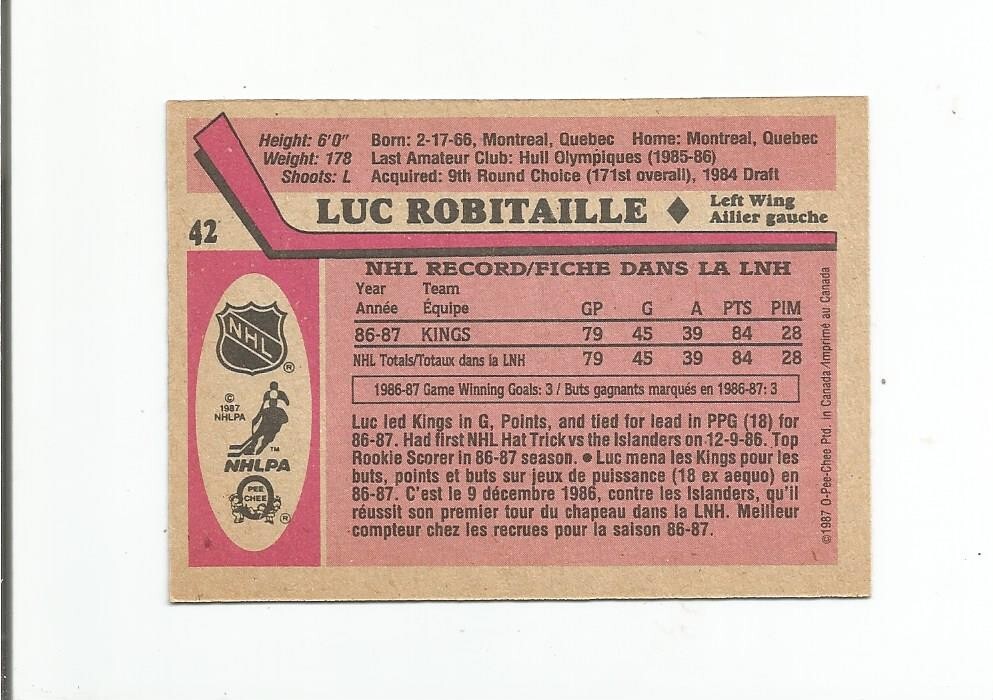 1987-88 LUC ROBITAILLE O-PEE-CHEE HOCKEY CARD #42 ROOKIE "BEAUTY" | eBay