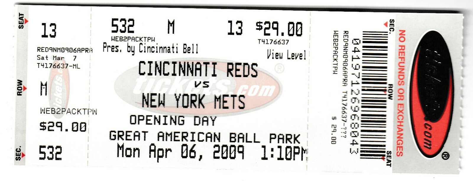 Cincinnati Reds Ticket Stub Game April 6, 2009 | eBay