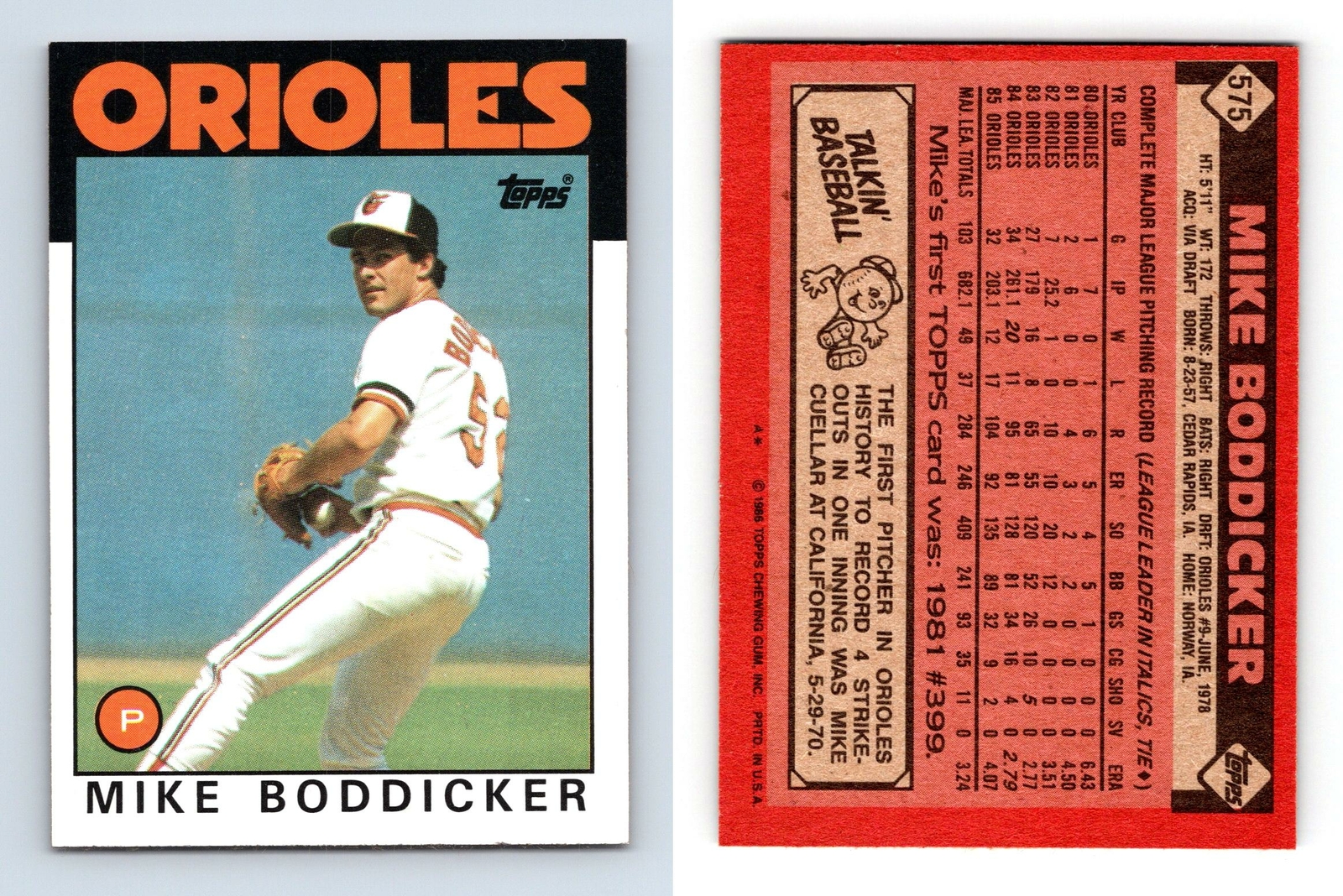 Mike Boddicker - Orioles #575 Topps 1986 Baseball Trading Card | eBay