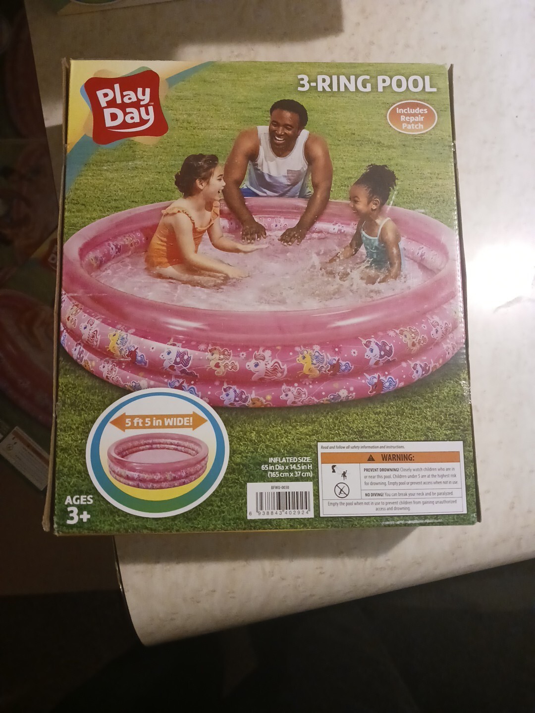 Play Day 3-Ring Inflatable PINK Unicorn Kids Swimming Pool Outdoor 5 X ...