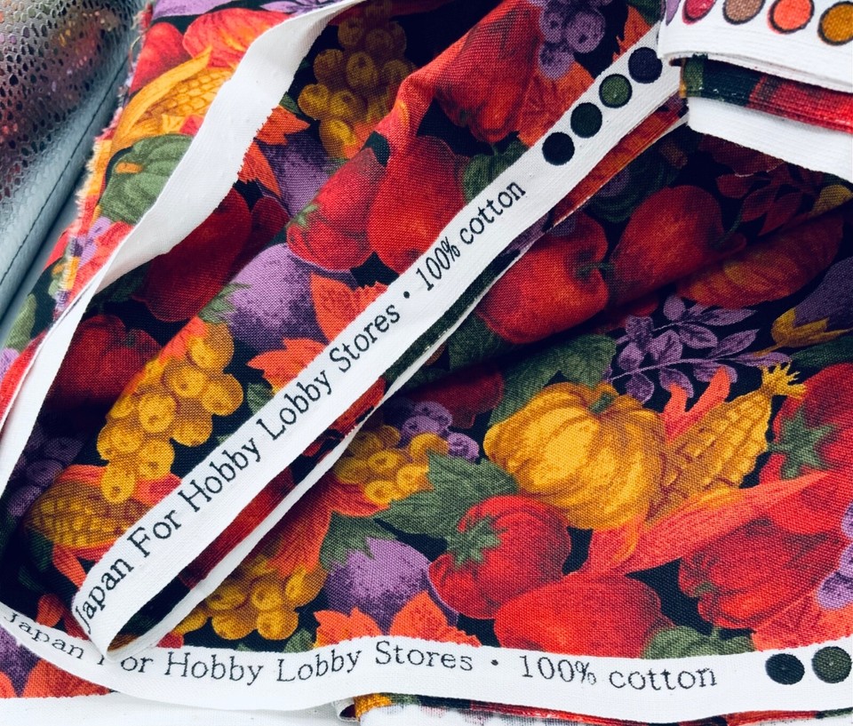 Vintage FALL HARVEST FRUIT VEGETABLES FOLIAGE ON Blk Bkground BTY ...