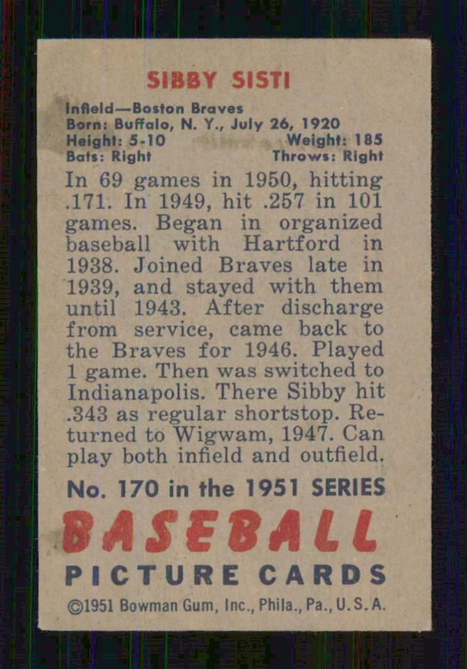 1951 BOWMAN # 170 SIBBY SISTI 18297 | eBay