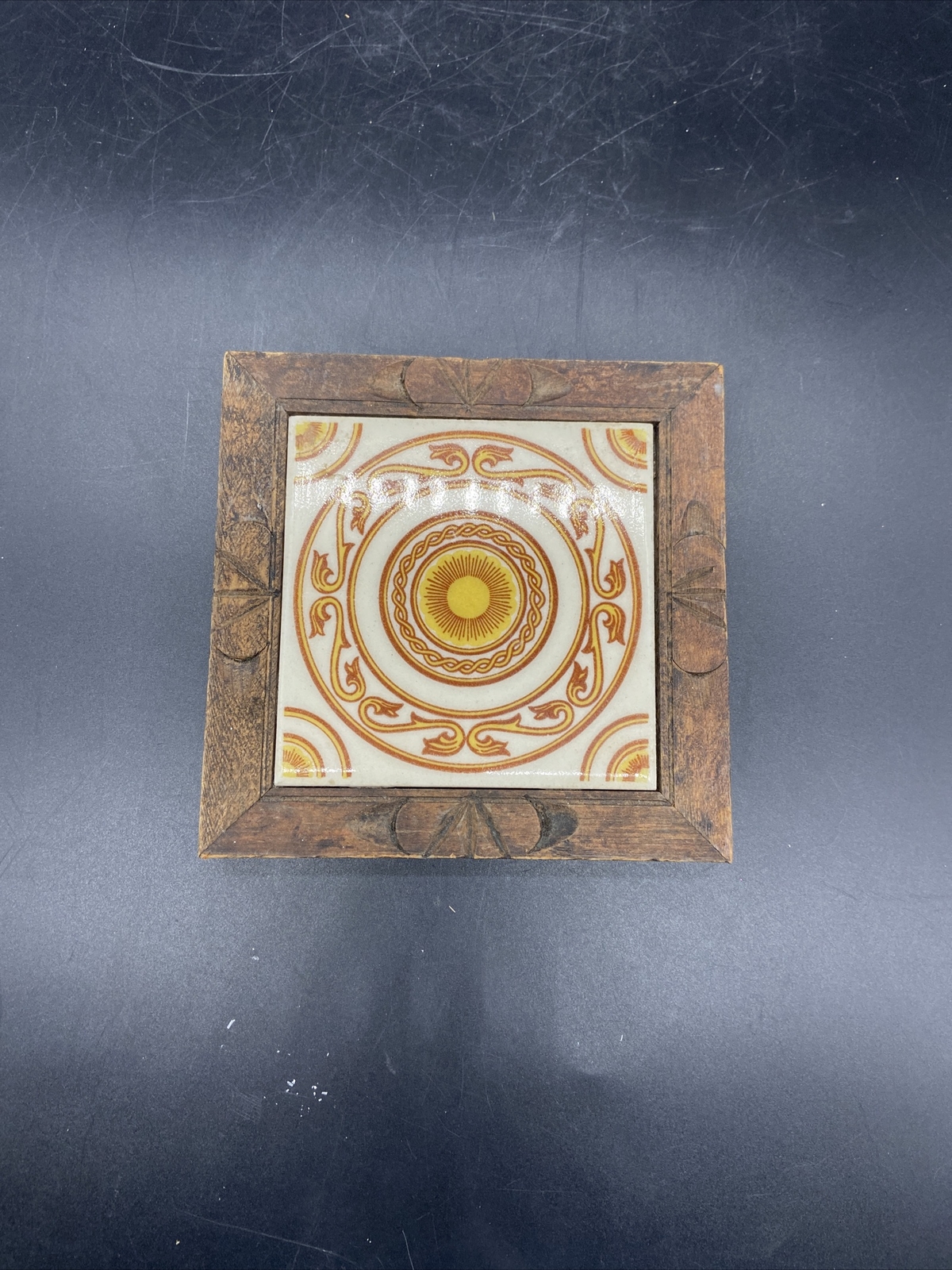 VTG Mexican tile in carved wood frame trivet yellow and brown | eBay