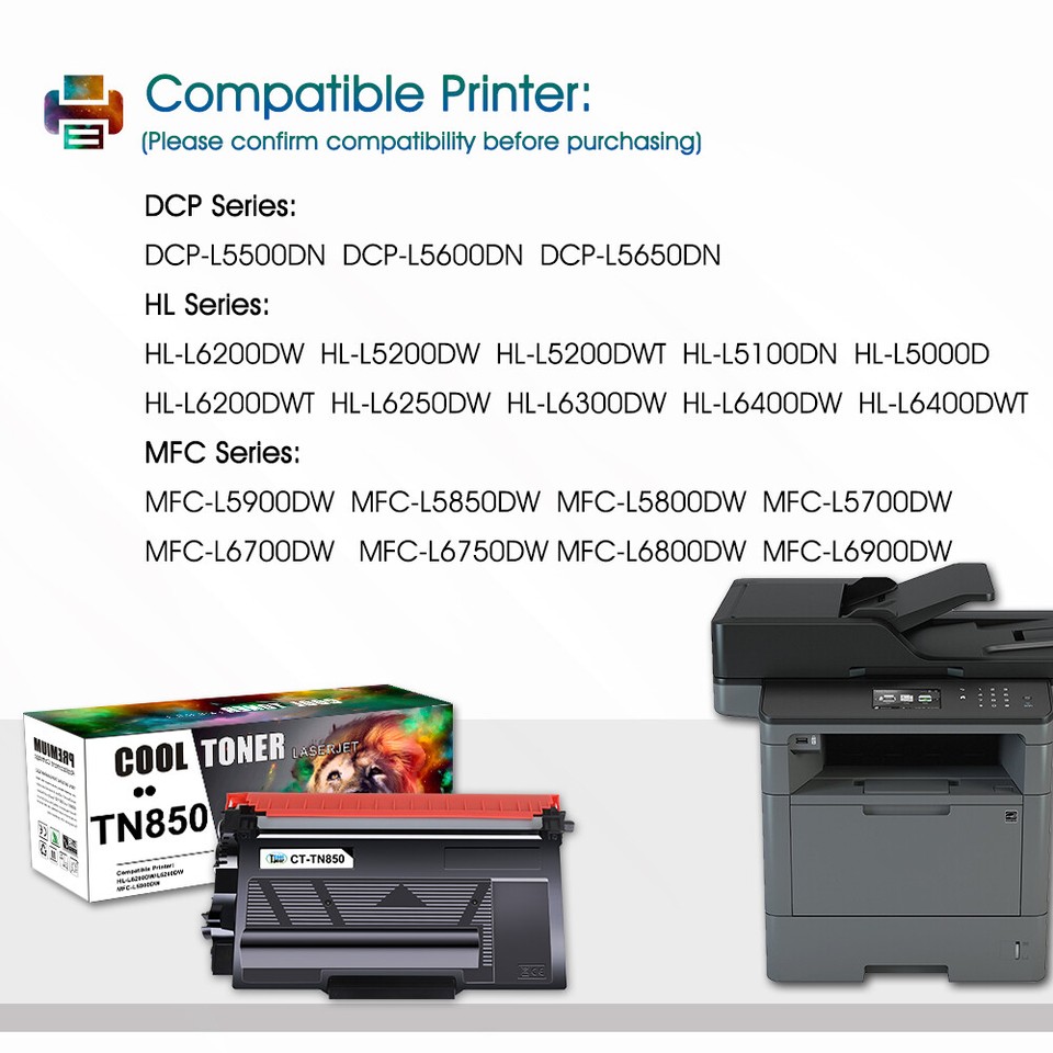 2 Pack TN 850 For Brother TN850 Toner Cartridge MFC-L5800DW HL-L5200DW ...