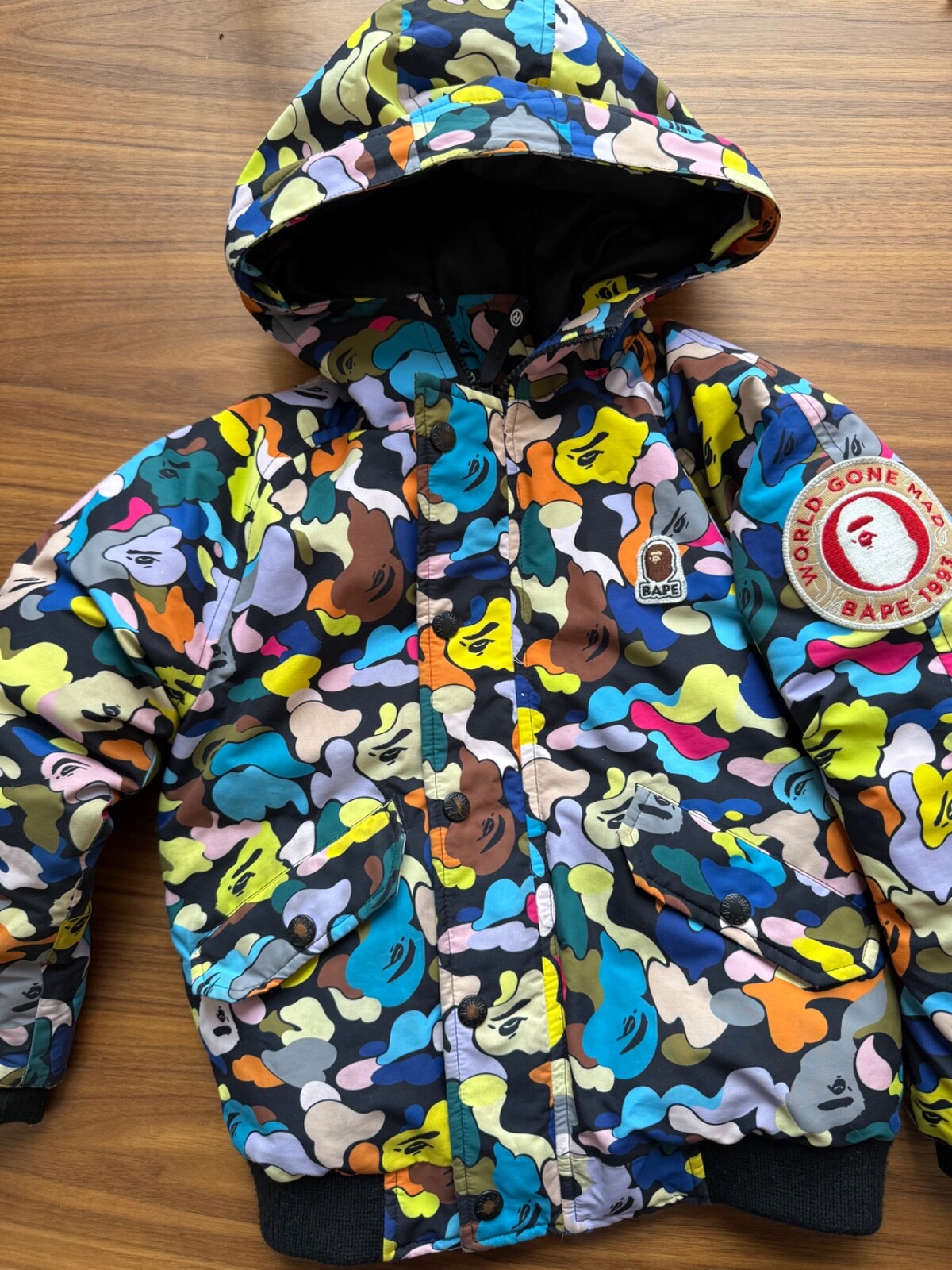 Bape Kid’s Black Multicolor Camo Down Jacket | Size 1… - Gem