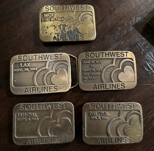 VINTAGE Southwest Airlines SWA 1980s LUV Brass Belt Buckles LOT OF 5 ...