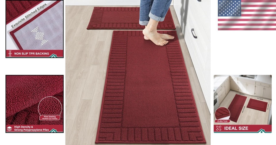 Ultra-Durable Burgundy Red Kitchen Rugs Set - Non-Slip & Stain ...