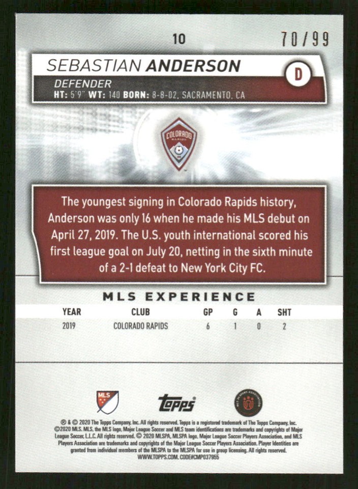 2020 Topps MLS #10 Sebastian Anderson Blue #/99 | eBay