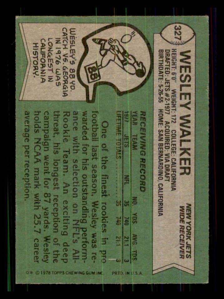 1978 Football Topps Wesley Walker New York Jets #327 RC4 | eBay