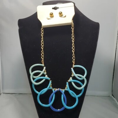 Devan aqua blue gold metal chain necklace and earing set NWT | eBay