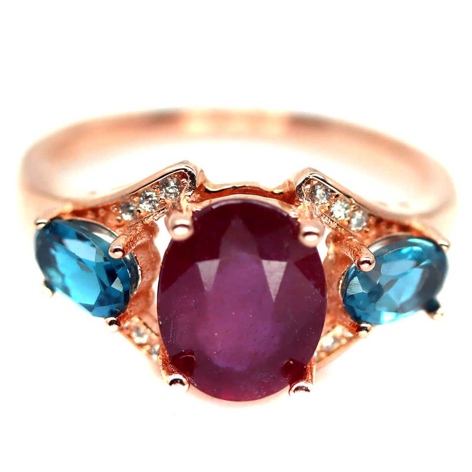 Heated 7 x 9 MM. Red Ruby, Topaz & Cubic Zirconia Jewelry Ring 925 ...