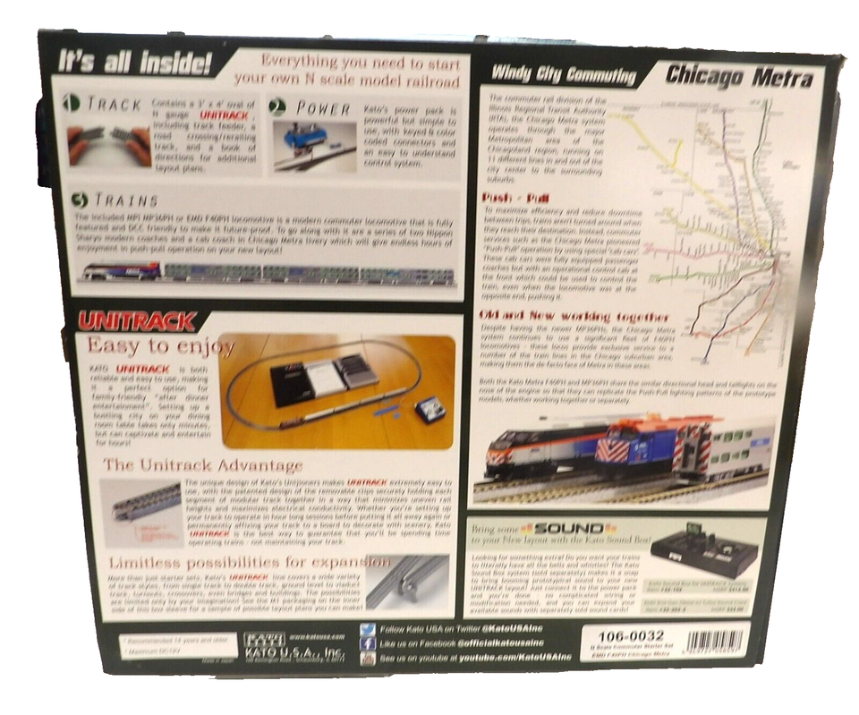 N Scale Kato 106-0032 Chicago Metra F40PH Commuter Train Starter Set w ...