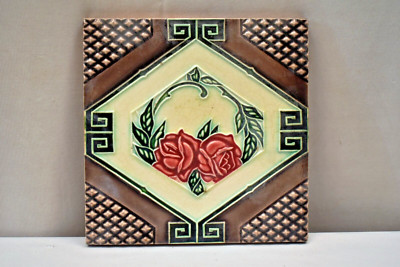 Antique Tile Japan Majolica Art Nouveau Ceramic Two Rose Flower Design ...
