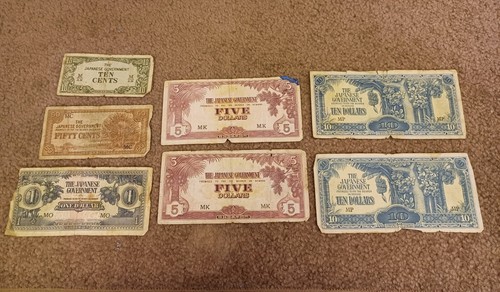 Lot Of 7 WW2 Japanese Government Bank Notes 1, 5, 10 Dollars 10, 50 ...