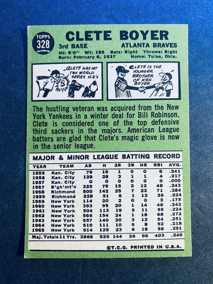 1967 Topps Baseball Clete Boyer Atlanta Braves Card # 328 (a) | eBay