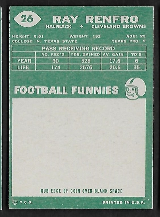 1960 TOPPS FOOTBALL CARD #26 RAY RENFRO BROWNS NRMT | eBay