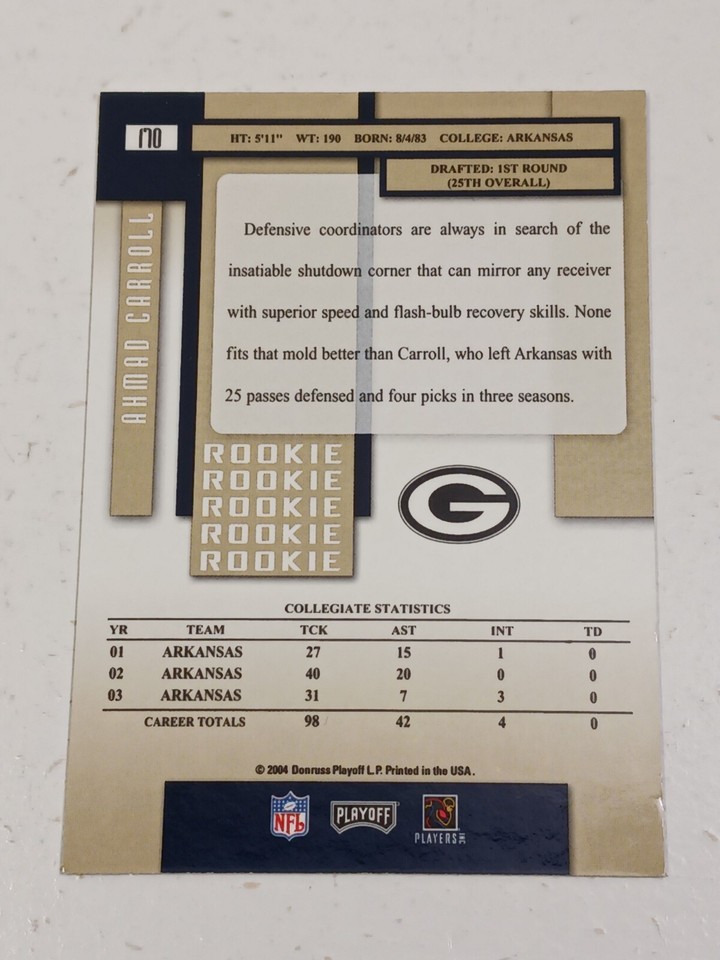 Ahmad Carroll Green Bay Packers 2004 Playoff Prestige Rookie Card #170 ...