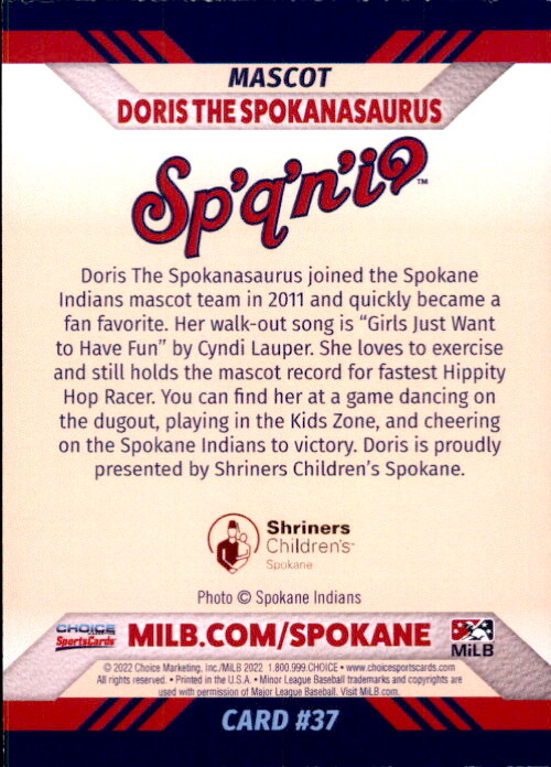 2022 Spokane Indians Choice #37 Doris the Spokanasaurus MASCOT NM ...