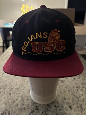 VTG USC Trojans Logo Black Drawstring Cap Hat Baseball #1 Apparel Made ...