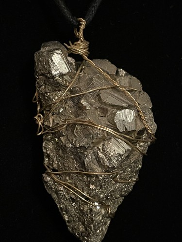 Large Pyrite Crystal In Gold Wire & Black Rope Chain - Good Fortune ...