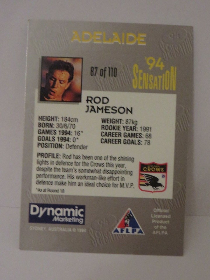 1994 AFLPA AFL Most Valuable Player Rod Jameson Adelaide Crows #87 | eBay