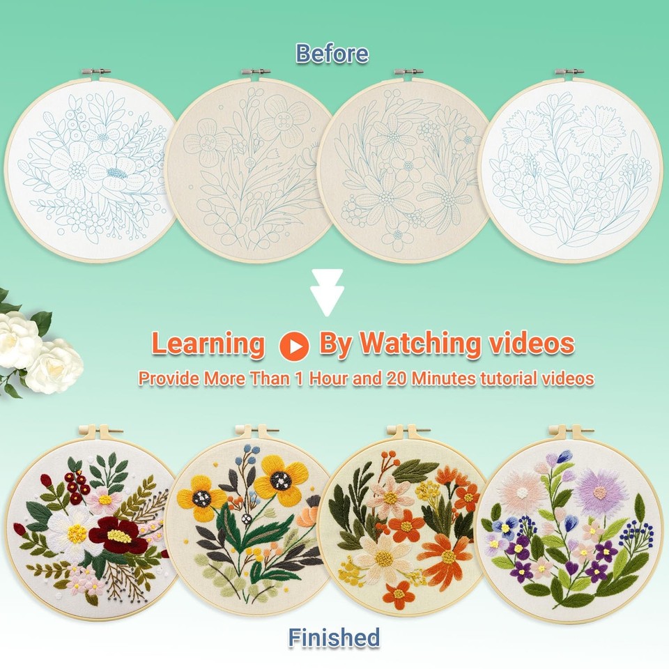 4 Sets Embroidery Set for Beginners Art Crafts Easy Sewing Includes ...
