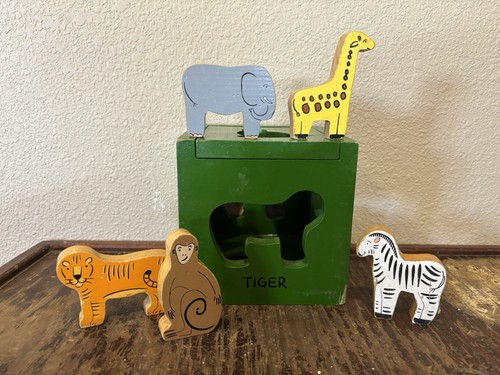Green Wooden Cube Animal Sorter - 5 Shapes, Lion, Zebra, Monkey ...